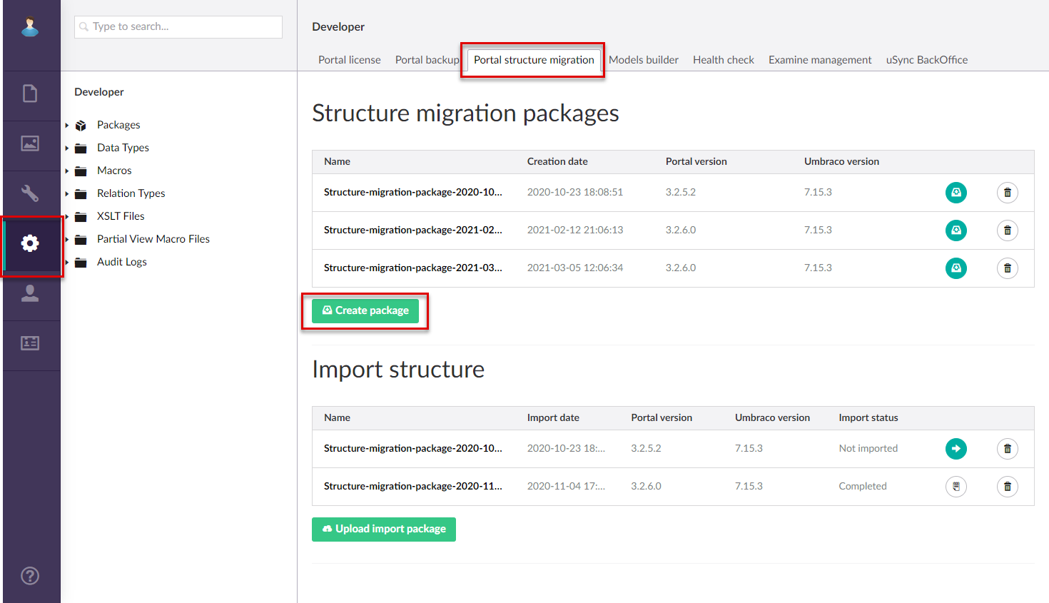 Create a portal structure migration package